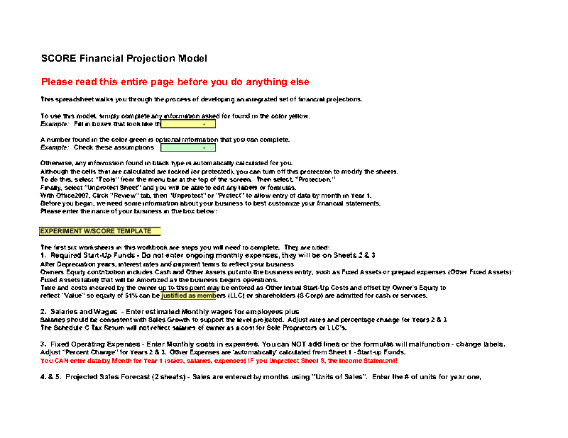 Financial Projections Worksheet Template Excel XLS
