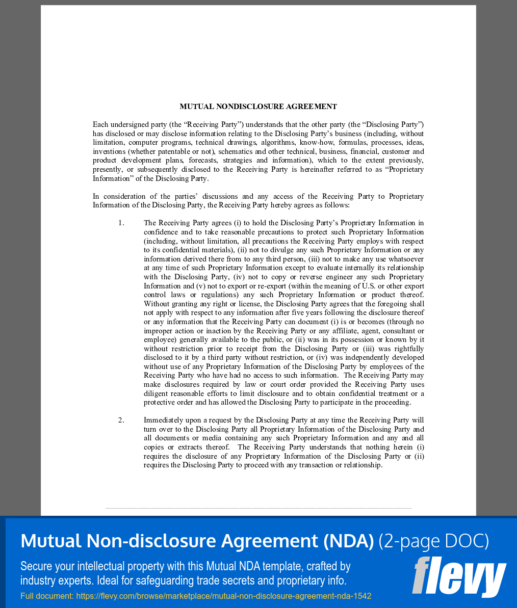 Mutual Non disclosure Agreement NDA 2 page Word Document Flevy Mutual Non disclosure Agreement NDA 2 page Word Document Flevy