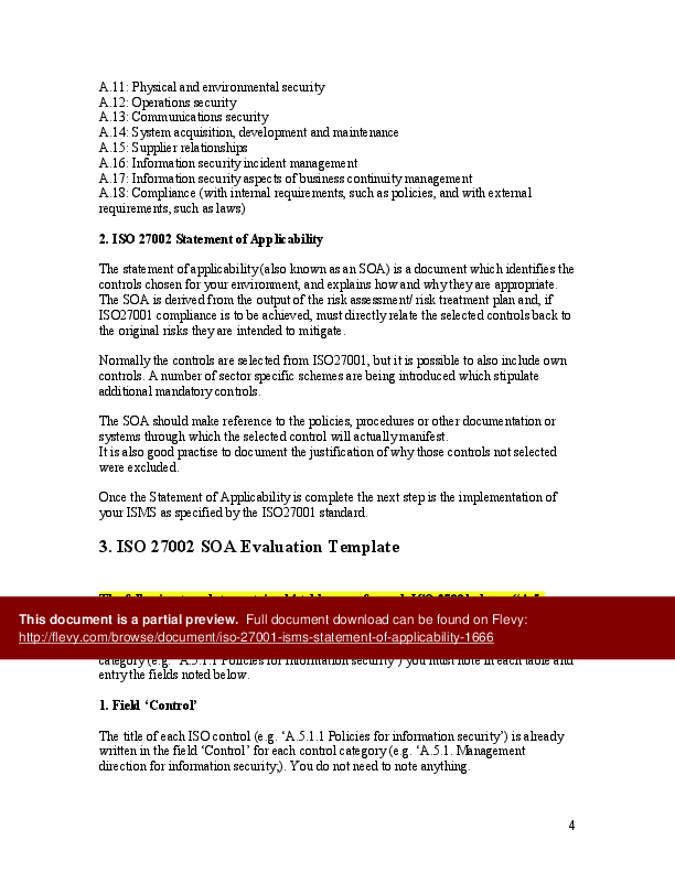 PDF ISO 27001 ISMS Statement Of Applicability 33 page PDF Document Flevy