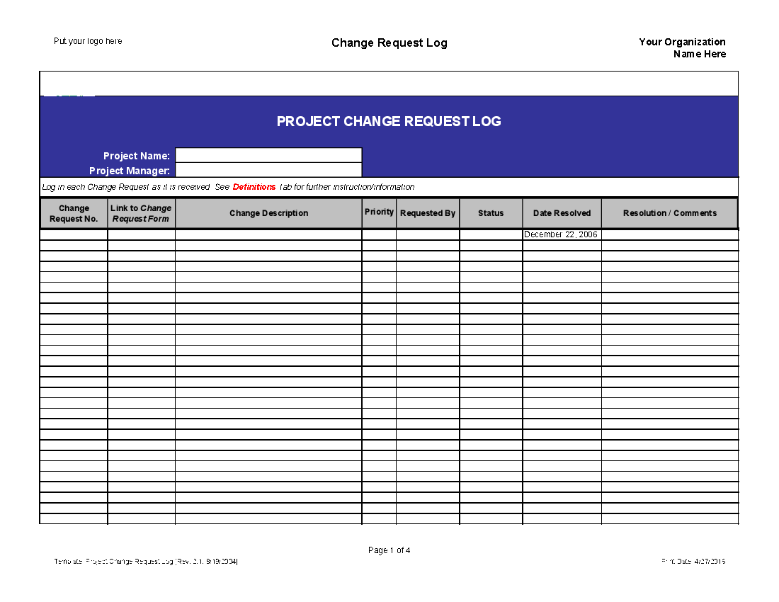 Excel Template Project Change Request Log Excel Template XLS