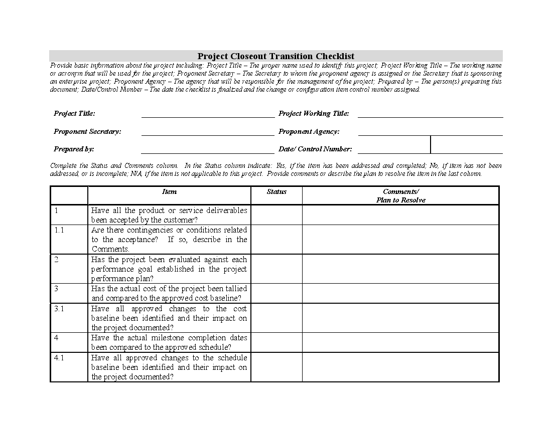 Word Template Project Closeout Transition Checklist 3 page Word 