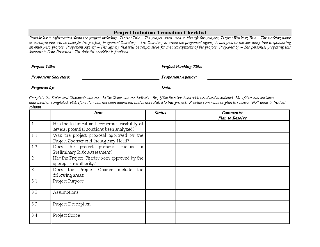 Project Initiation Transition Checklist 2 page Word Document FlevyPro Document Flevy