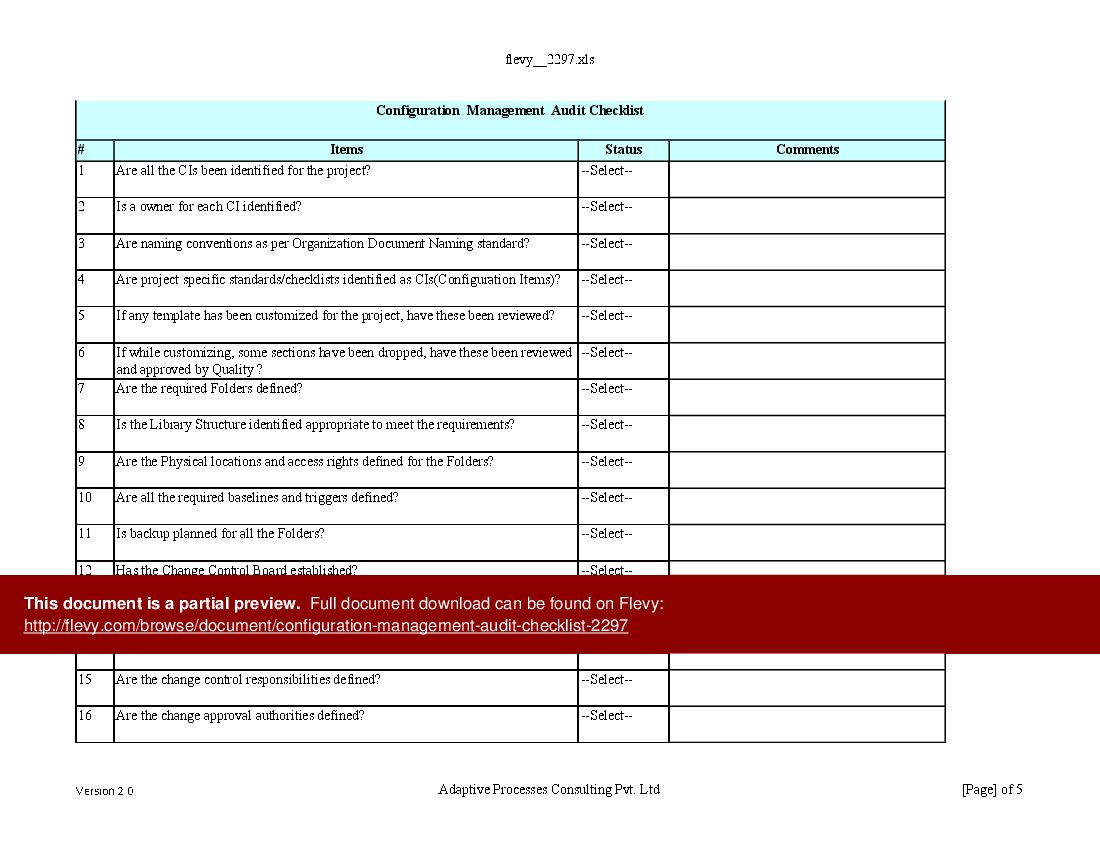 Configuration Management Audit Checklist Template Excel XLS