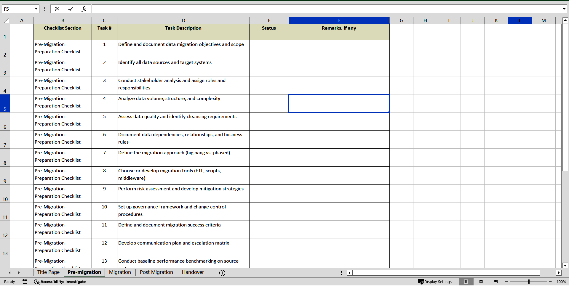 Data Migration Checklist Template Excel XLS
