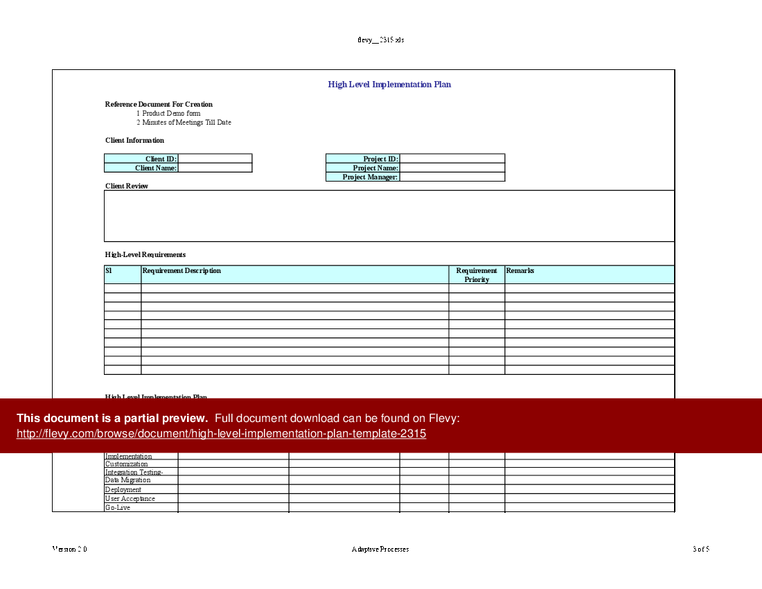 High Level Implementation Plan Template Excel XLS