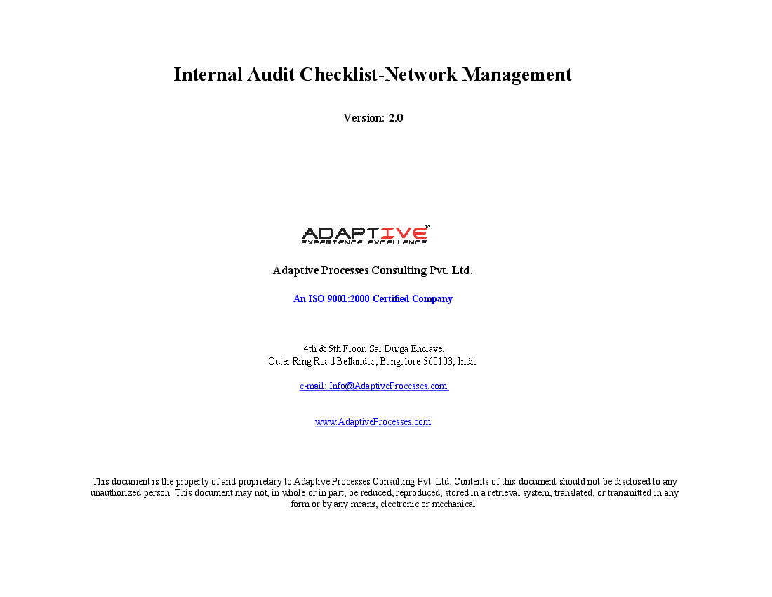 Network Management Internal Audit Checklist Template Excel XLS