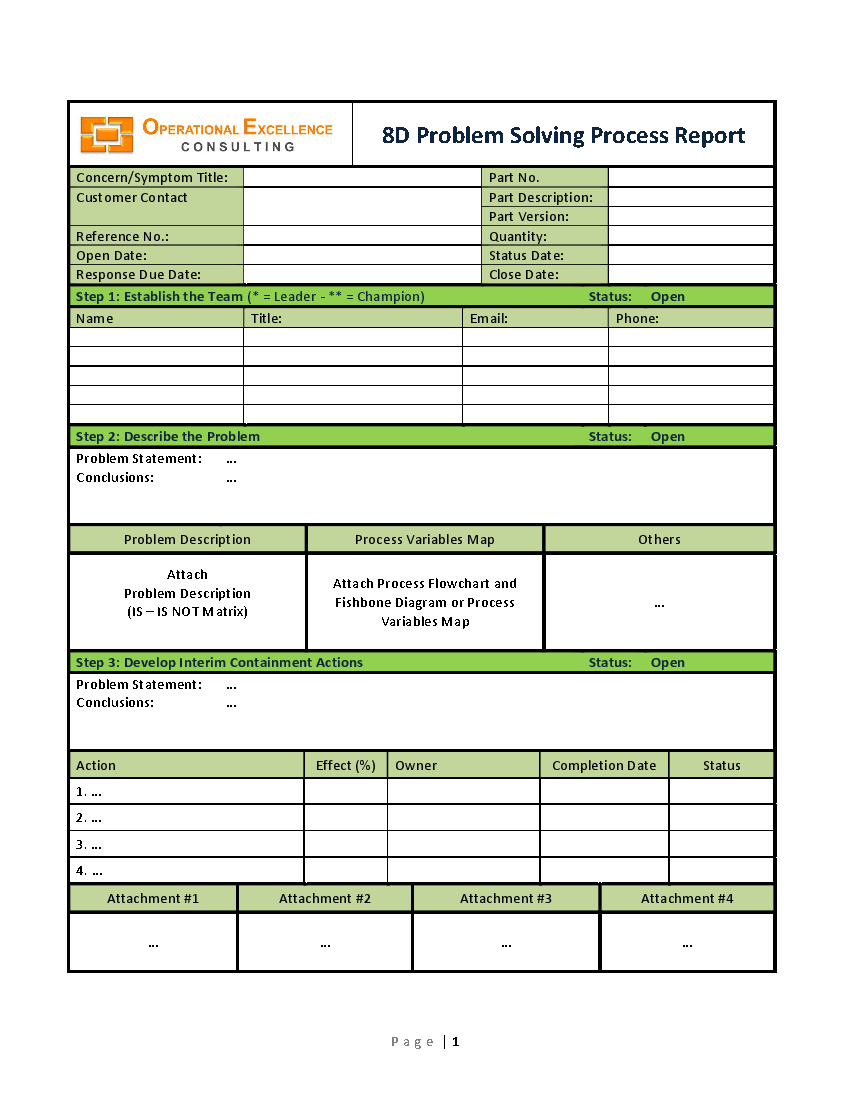 8D Problem Solving Process Report Template 3 page Word Document 