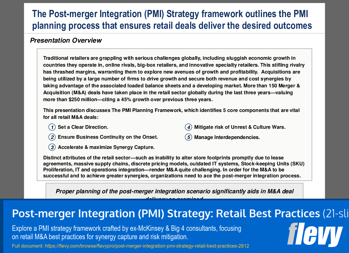 Post-merger Integration (PMI) Strategy: Retail Best Practices PPT