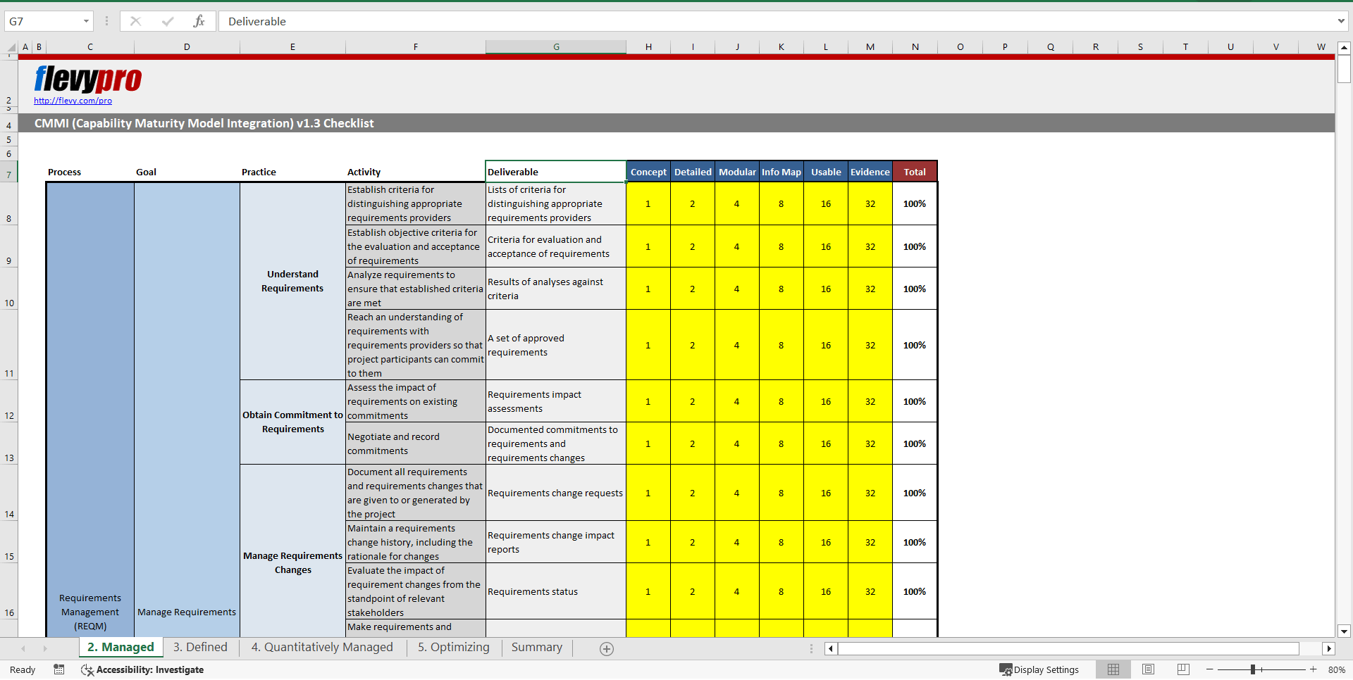 CMMI Capability Maturity Model Integration Checklist Excel Workbook XLSX FlevyPro 