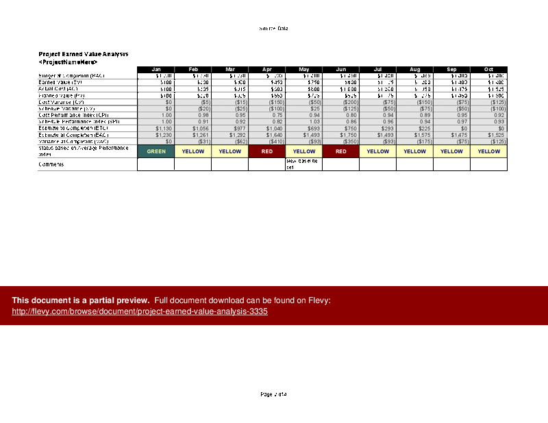 Project Earned Value Analysis Tool Template Excel XLS