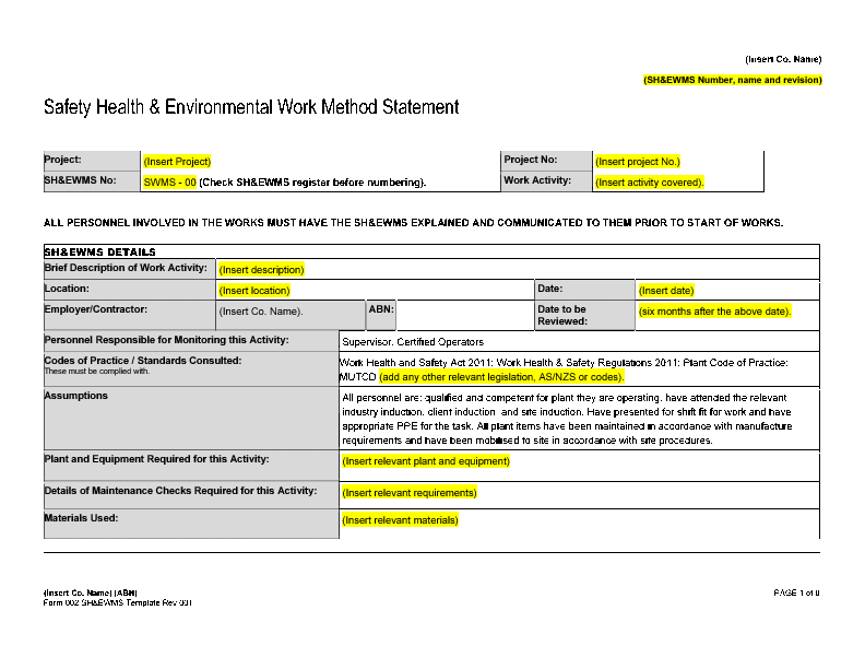 Safe Work Method Statement Template Free Download FREE PRINTABLE 