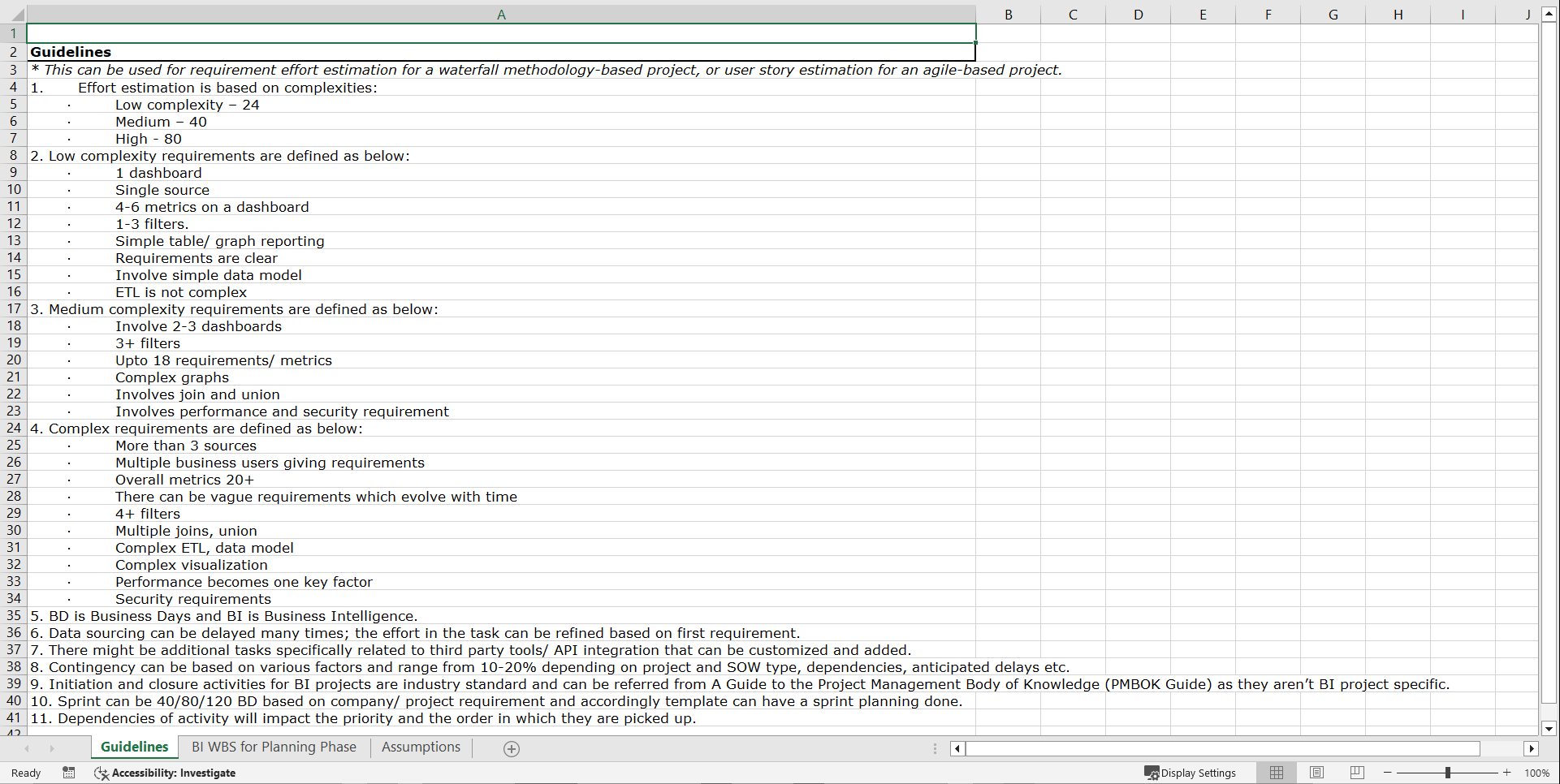 WBS for Agile Business Intelligence Projects Template Excel XLS