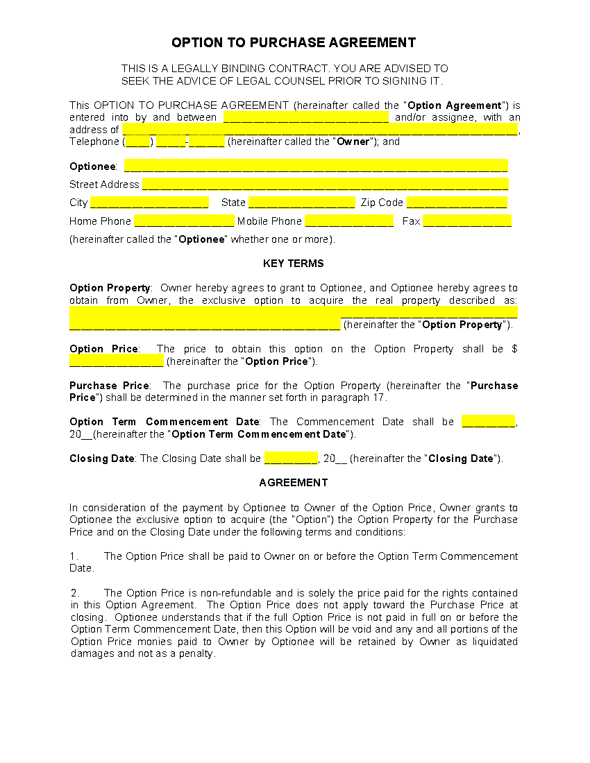 Word Template Real Estate Option To Purchase Agreement 4 page Word 