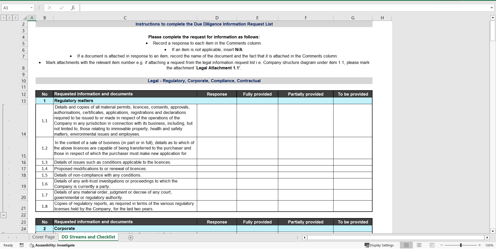 Financial Due Diligence Information Request List (M&A) Template Excel XLS