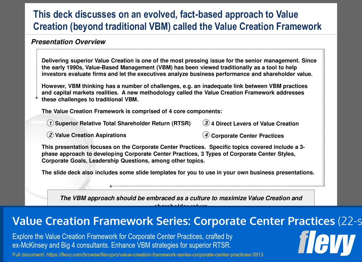 Value Creation Framework Series: Corporate Center Practices PPT