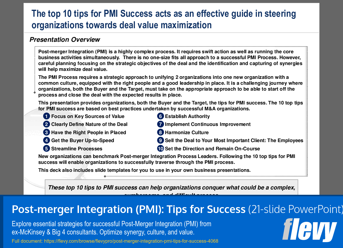 Post-merger Integration (PMI): Tips for Success PPT