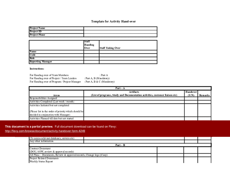 Activity Handover Form Template Excel XLS