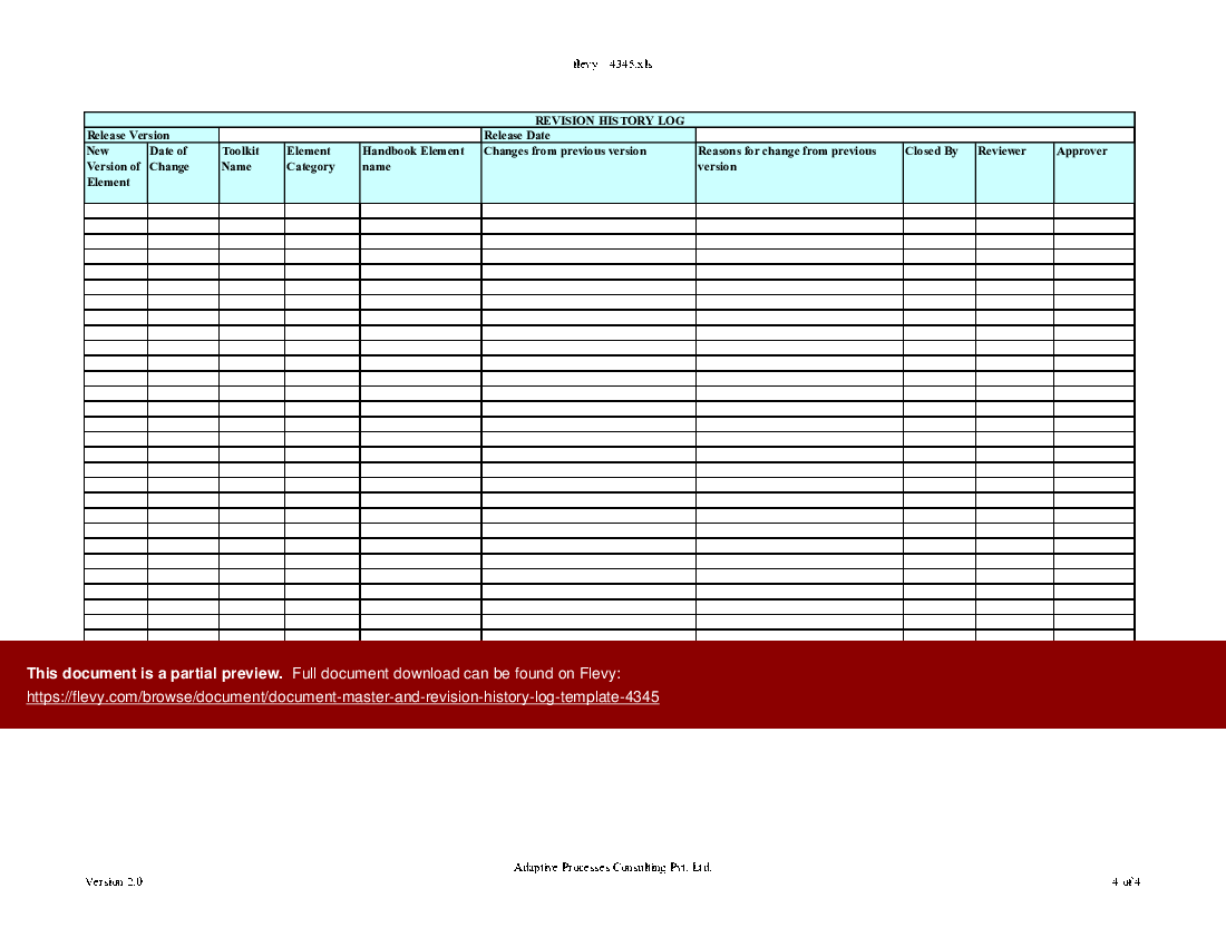 Excel Template Document Master And Revision History Log Template