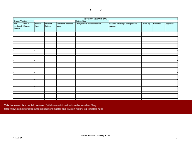 Document Master and Revision History Log Template Excel XLS