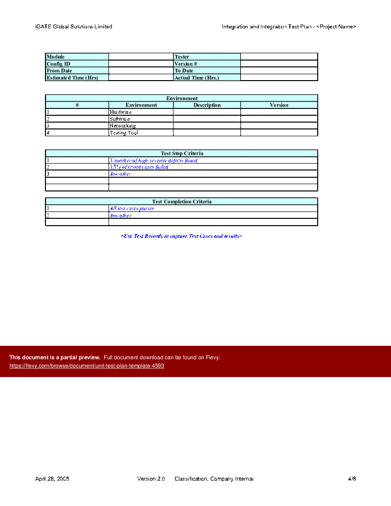 Unit test plan template Excel XLS