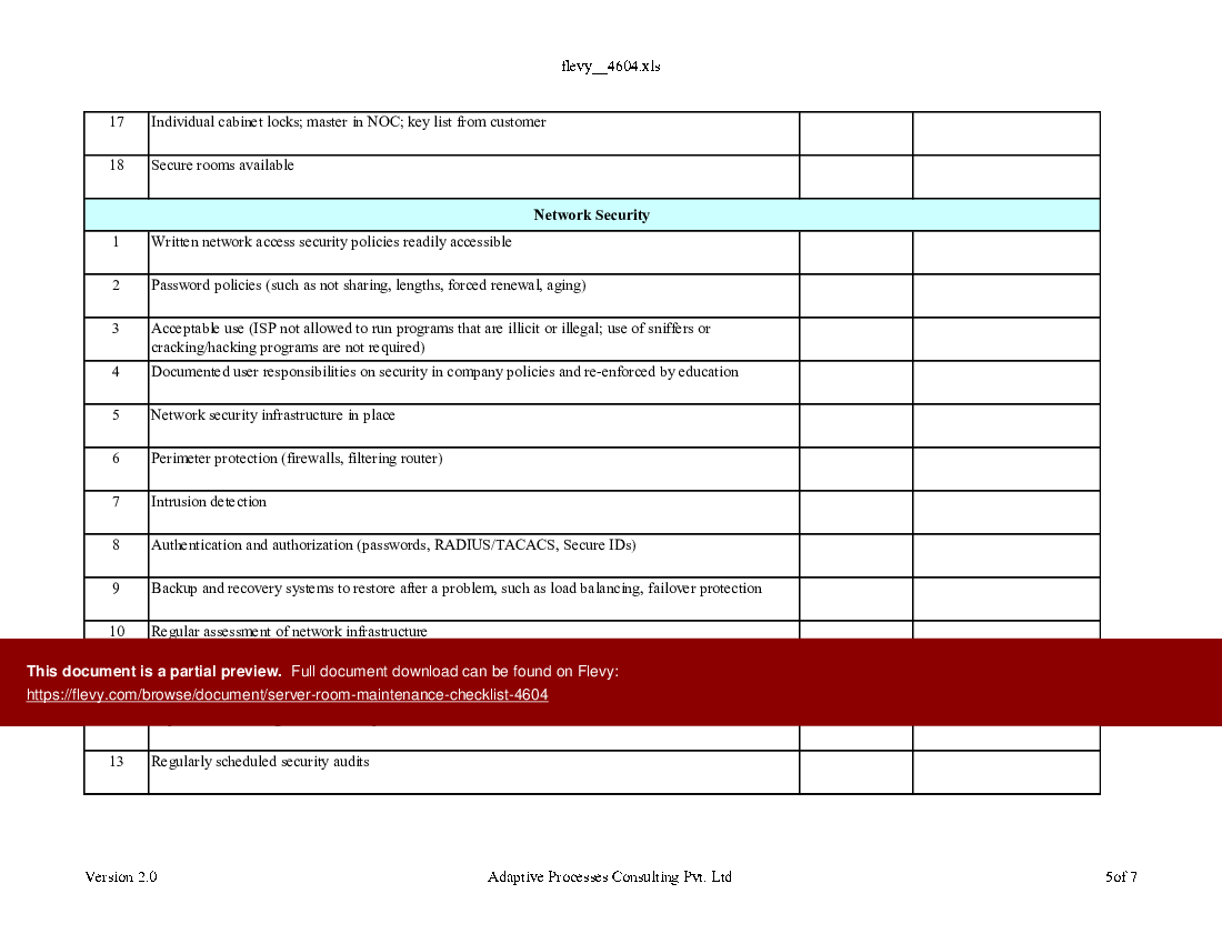 Server Room Maintenance Checklist Excel Workbook XLS Flevy