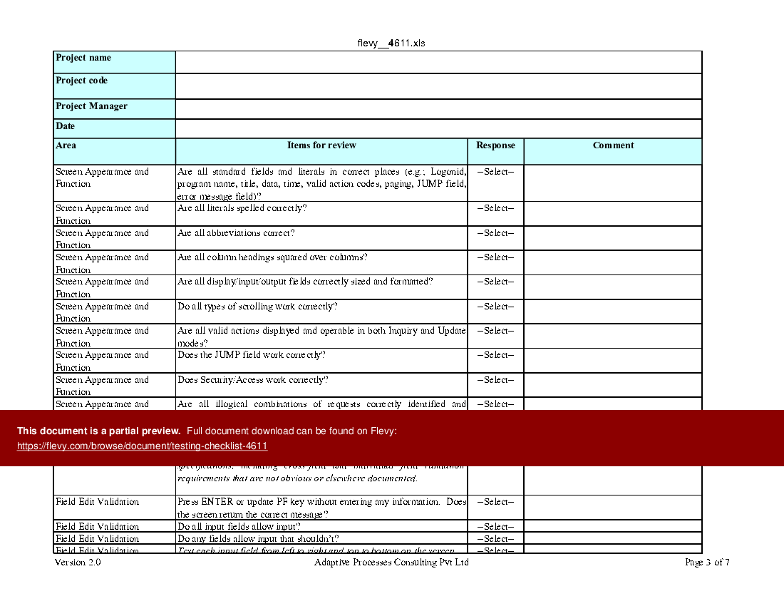 Testing Checklist Template Excel XLS