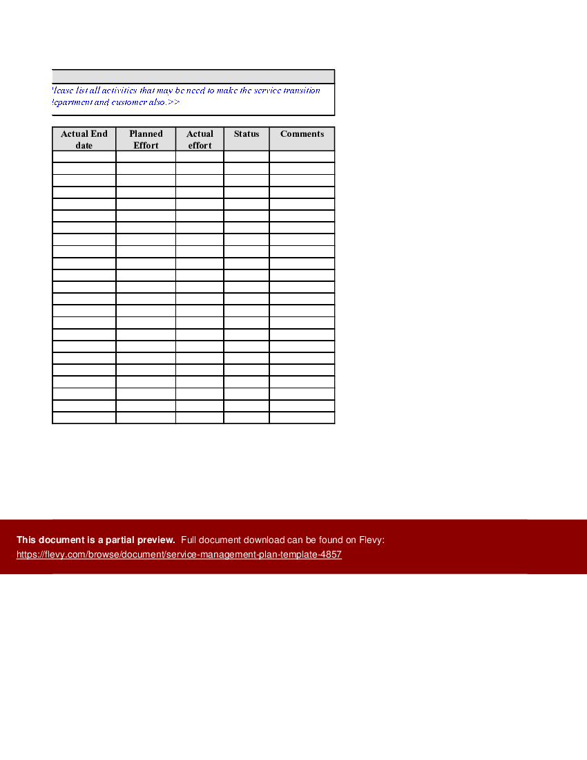 Service Management Plan Template Excel XLS