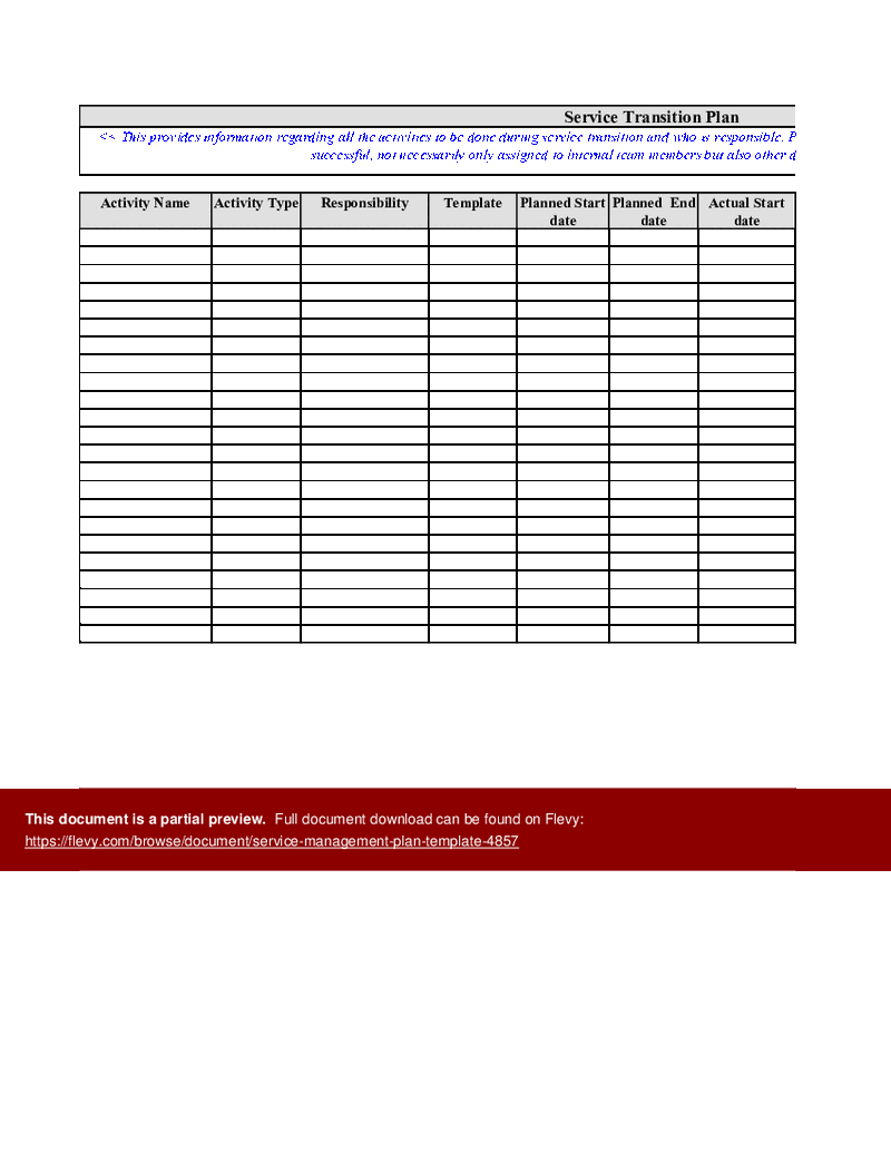 Service Management Plan Template Excel XLS
