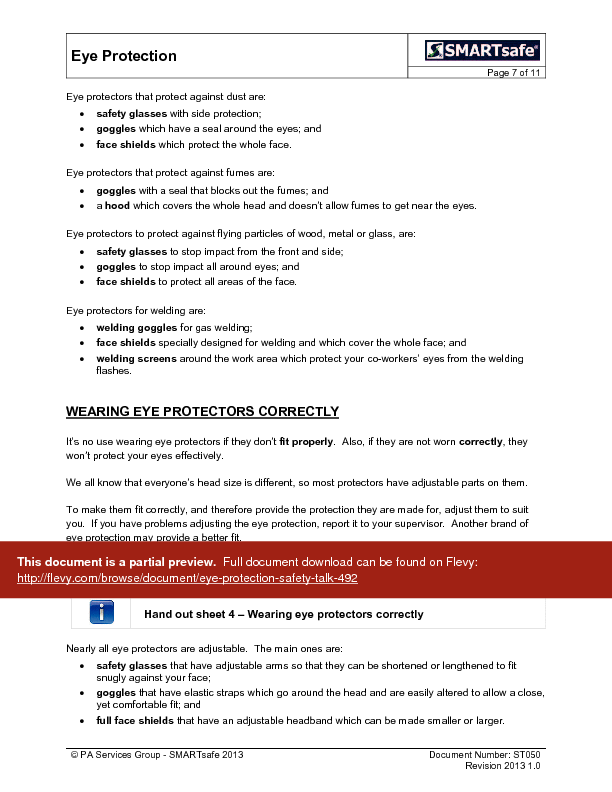 Eye Protection Safety Talk 19 page PDF Document Flevy