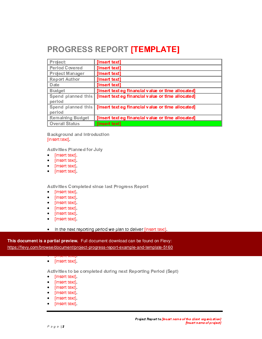 This Is A Partial Preview Of Project Progress Report Example And Template Full Document Is 19 