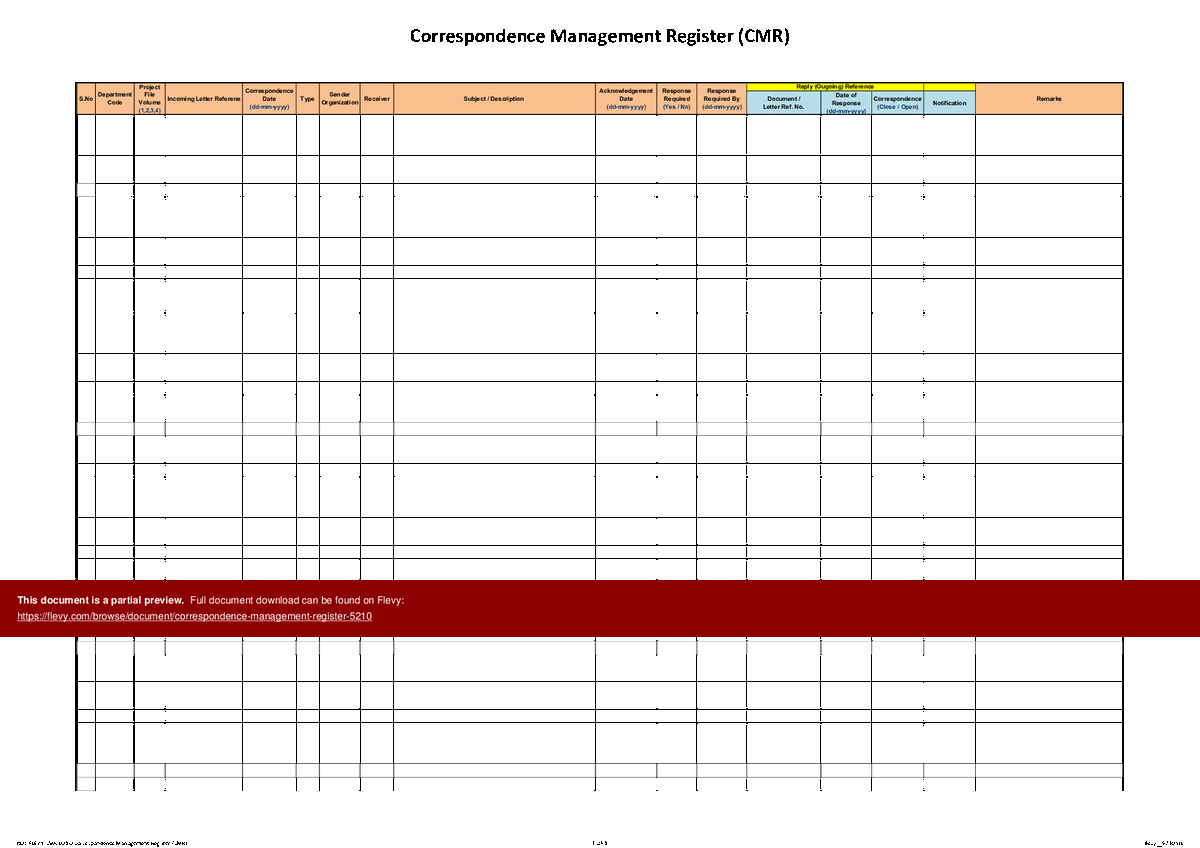 Correspondence Management Register Template Excel XLS