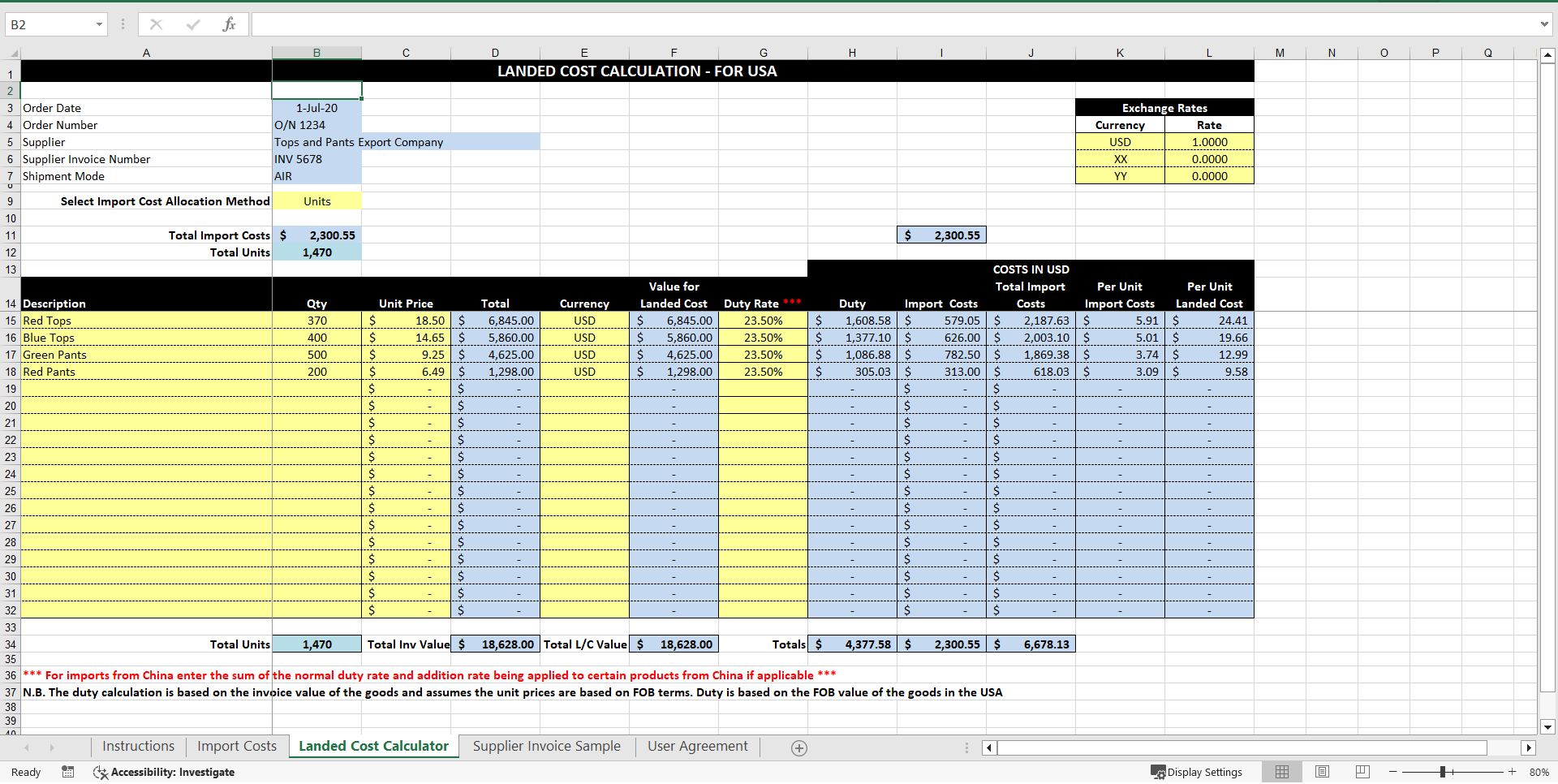 Landed Cost Calculator For USA Imports Excel Workbook XLSX Flevy