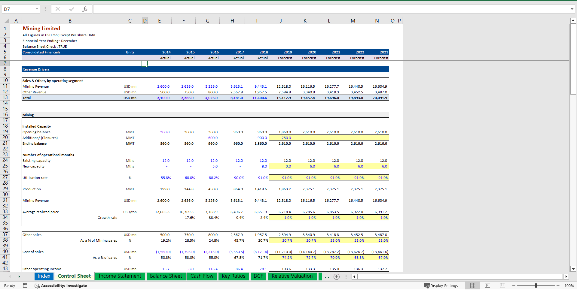 Excel Template Mining Discounted Cash Flow DCF Valuation Model