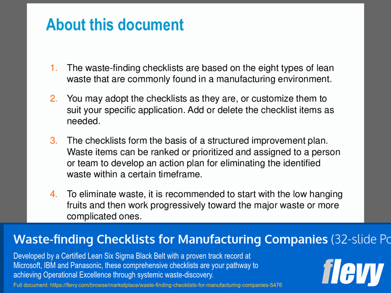 Waste-finding Checklists for Manufacturing Companies PPT