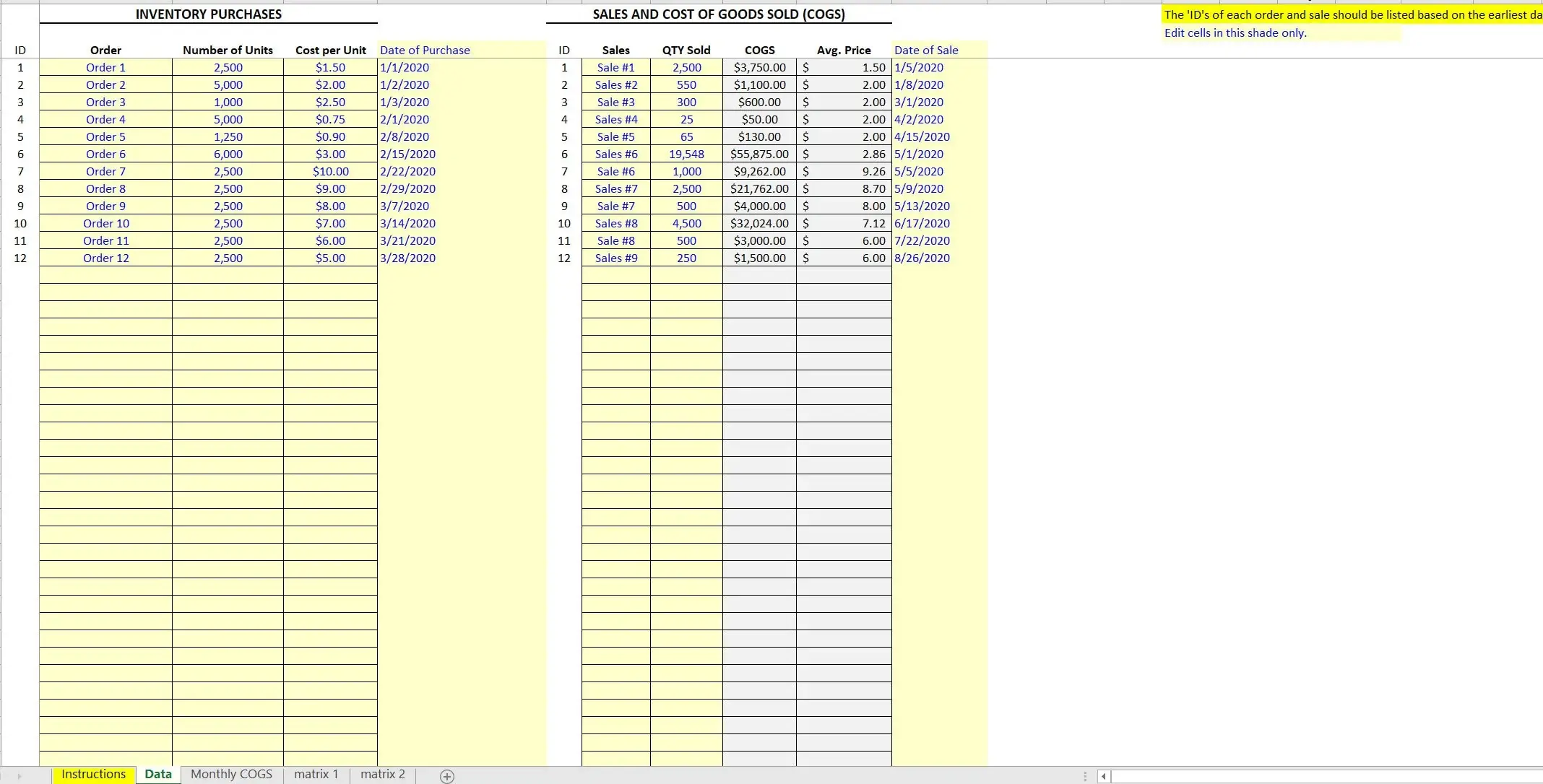FIFO COGS Calculator Template Excel XLS