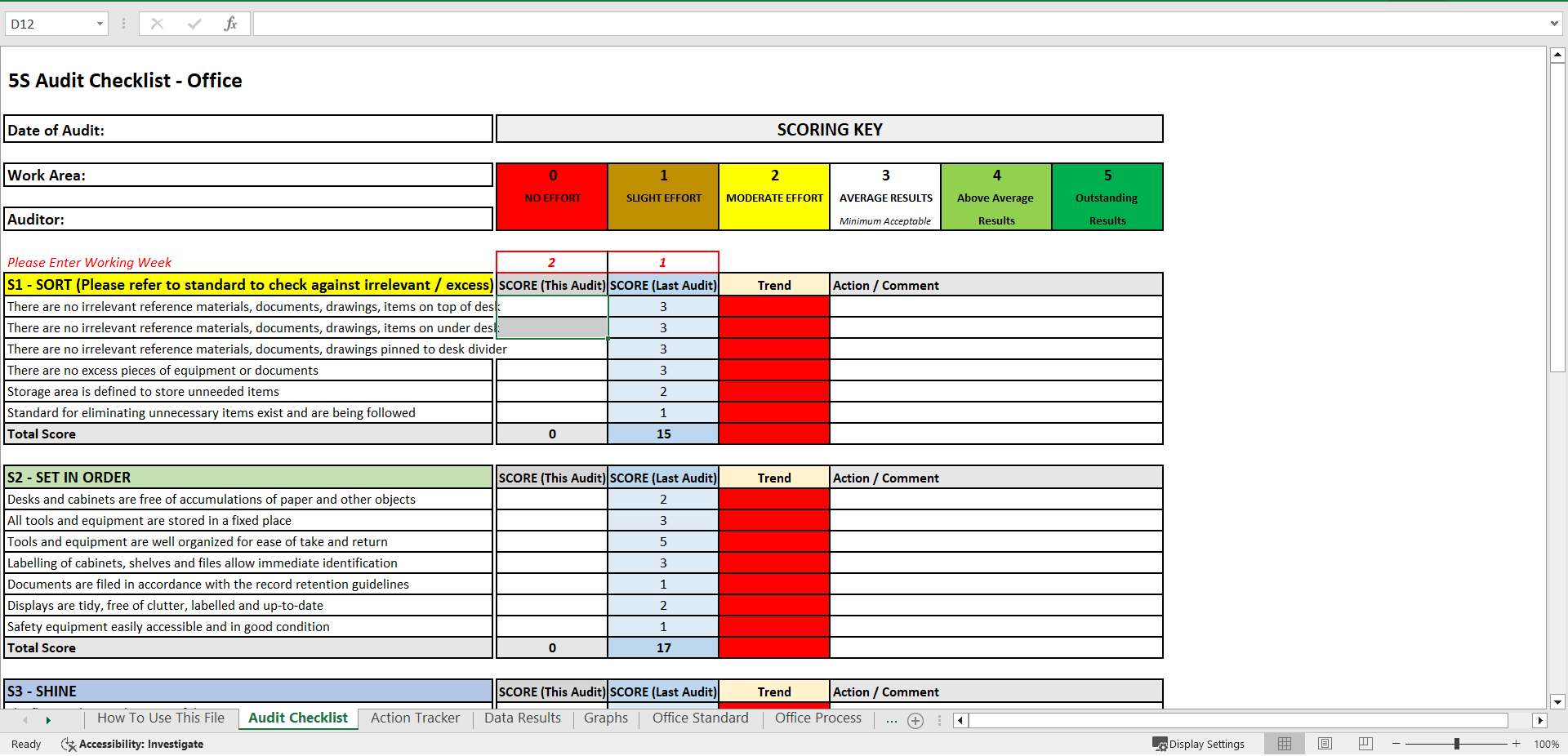 Office 5S Audit Checklist Template Excel XLS