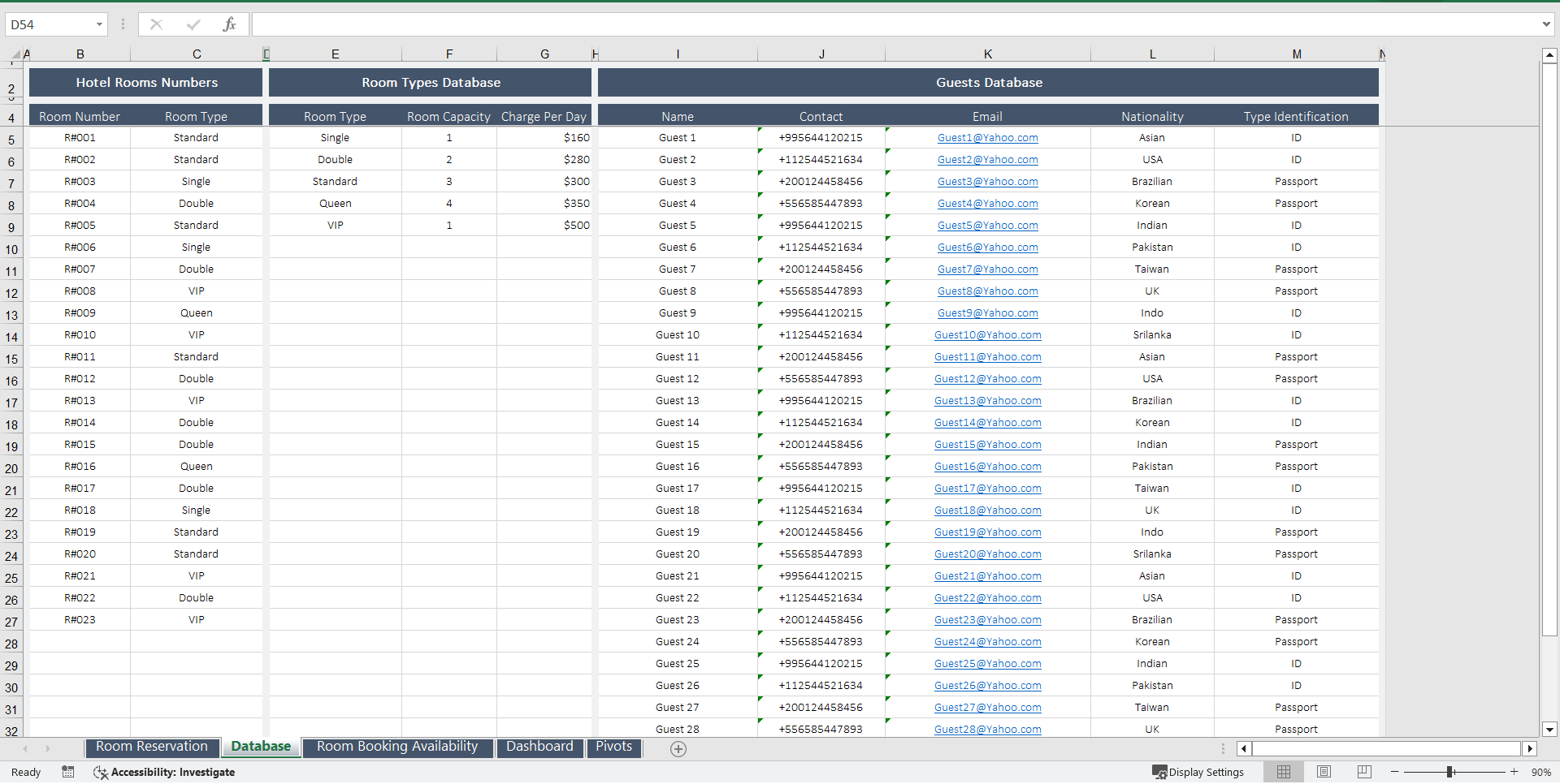 Hotel Reservation Excel Template and Dashboard Excel XLS