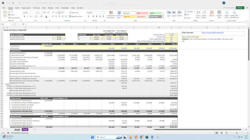 Preferred Return Waterfall with Optional GP/LP Preferred Split Template ...